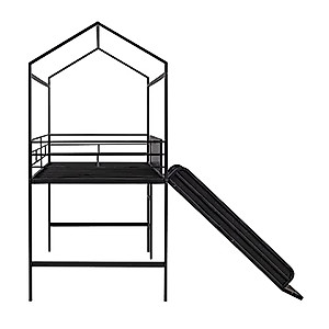 BOVZA Twin Size Metal House Loft Bed with Slide and Roof, Multifunctional Loftbed Frame with Two-Sided Writable Wooden Board, Black