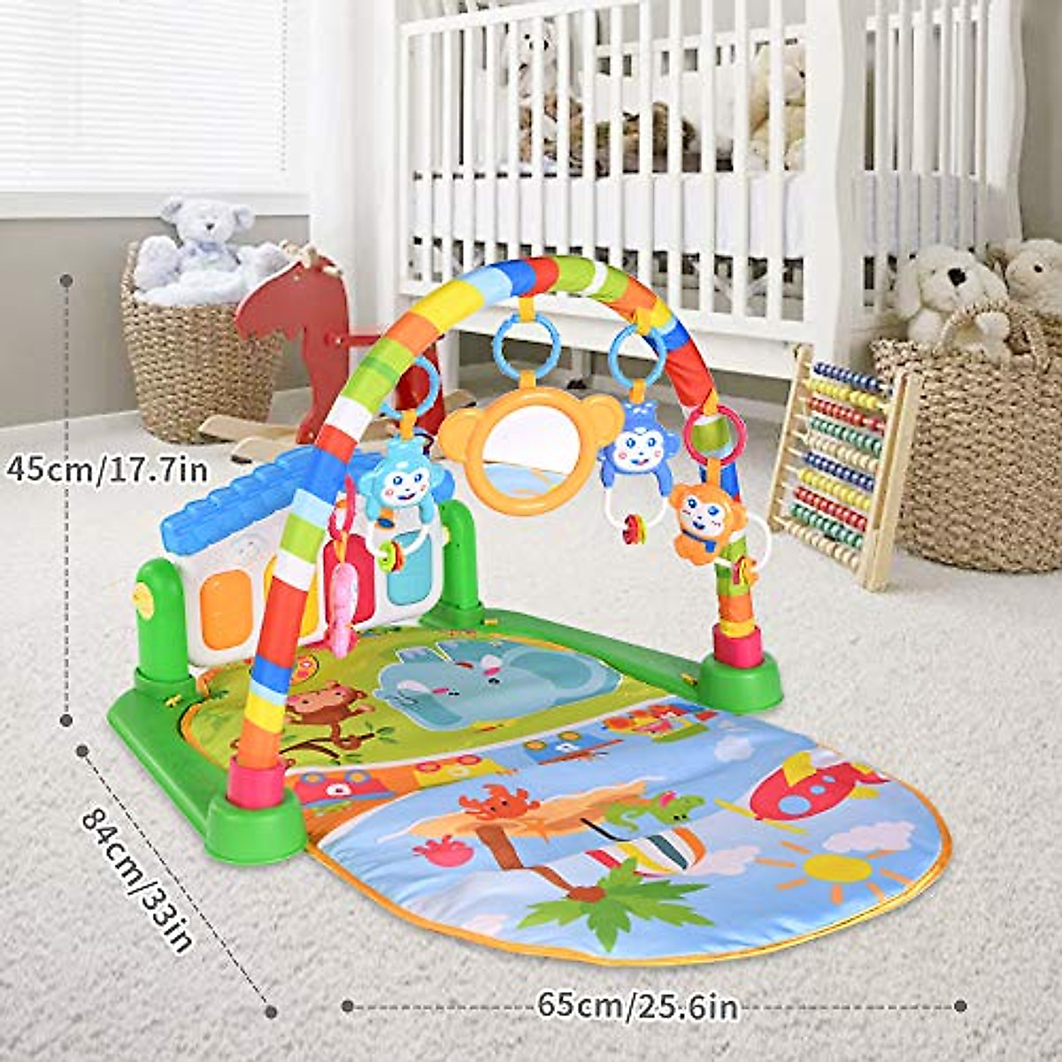 Baby Gym Play Mats with Kick And Play Piano Gym Mat, Baby Jungle Gym Activity Mat with 5 Colorful Infant Toys, Activity Center with Lights Music Mirror for Tummy Time Shower Gifts Baby Toys 3-6 Months