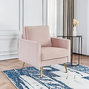 VINGLI Modern Pink Velvet Accent Chair for Living Room,Bedroom Comfy Chair Arm Chair Reading Chair with Golden Metal Legs and Deep Seat for Office,Apartment,Small Space