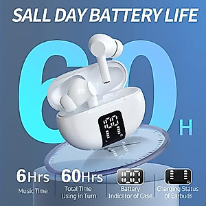 Wireless Earbuds Bluetooth Earbuds 60H Playtime LED Power Display Charging Case Bluetooth 5.3 Headphone with Noise Cancellation Mic, Stereo Sound, IPX5 Ear Buds for iPhone/Samsung/Android/iOS,White