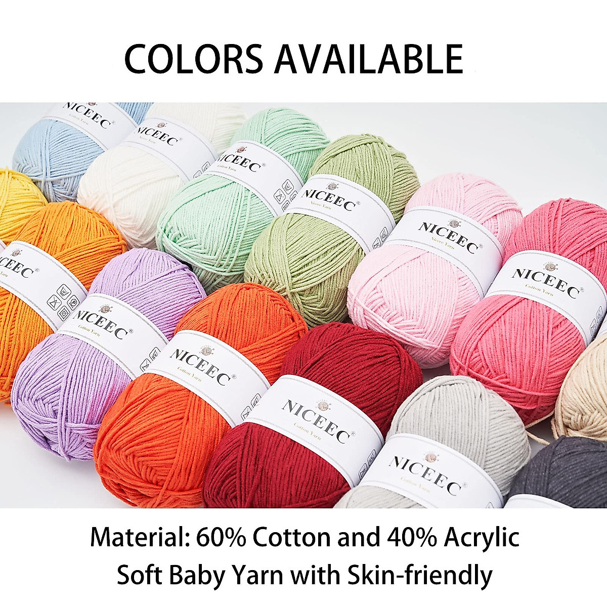 NICEEC 3 Skeins Soft Cotton Yarn 5ply Baby Cotton Yarn for Knitting Crochet Baby Weight Yarn Cotton Blend Yarn Total Length 3×220m(3×240 yds,100g×3)-Light Blue