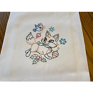 Christmas embroidered flour sack tea towel, Christmas fox, vintage pattern, 1 in set of 7 designs, machine embroidery