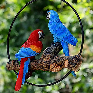 Sunnyway Hanging Parrots for Patio Resin Parrot Hanging Statue Garden Decor Perch Bird Macaw Sculpture On Metal Ring for Patio Lawn Home Garden Tree Decoration Animal Landscape Ornament (Blue&Red)