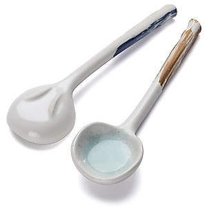 4pcs Japanese Ramen Soup Spoons Ceramic Asian Soup Spoons Retro Korean Style Tablespoon Rice Noodles Dinner Serving Spoon Ladles for Pho Miso Cereal Sauce Gravy Condiment (Style 1)