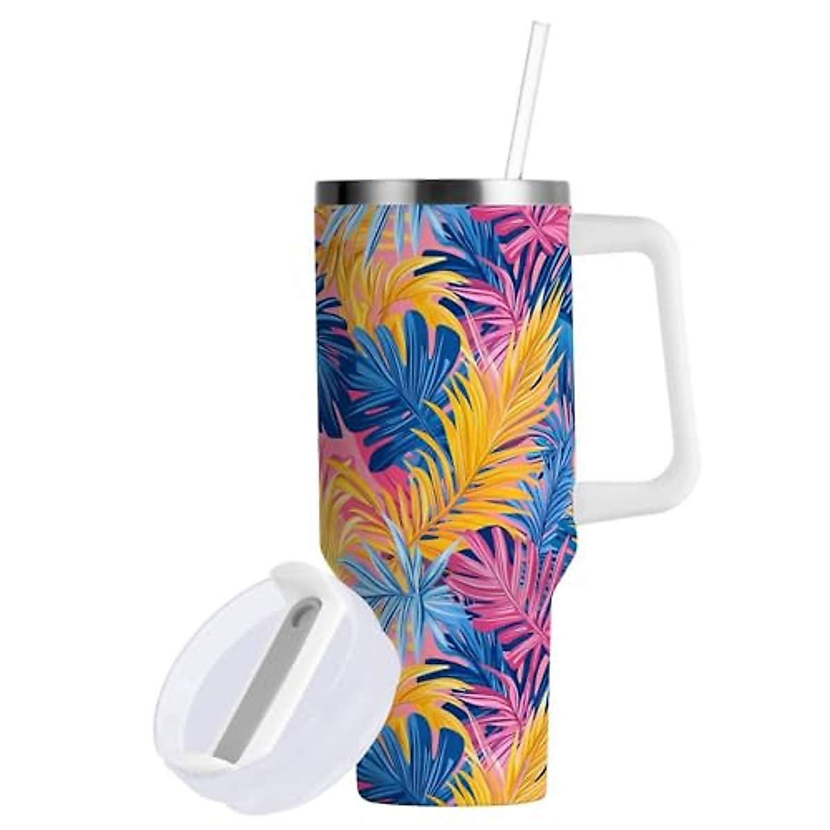 Slewiaeky Tumbler with Handle 40 oz Palm Leaf Plant Cute Travel Mug with Lid and Straw Blue Stainless Steel Vacuum Insulated Water Bottle Cup for Iced Tea Coffee Cold Beverages Cup Holder Friendly