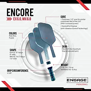 Engage Encore EX 6.0 Pickleball Paddle, Standard Weight 7.9-8.3 oz, Thick Core for Control & Feel, Built for Power & Sweet Spot (Blue, 4 ⅜ inch Grip)