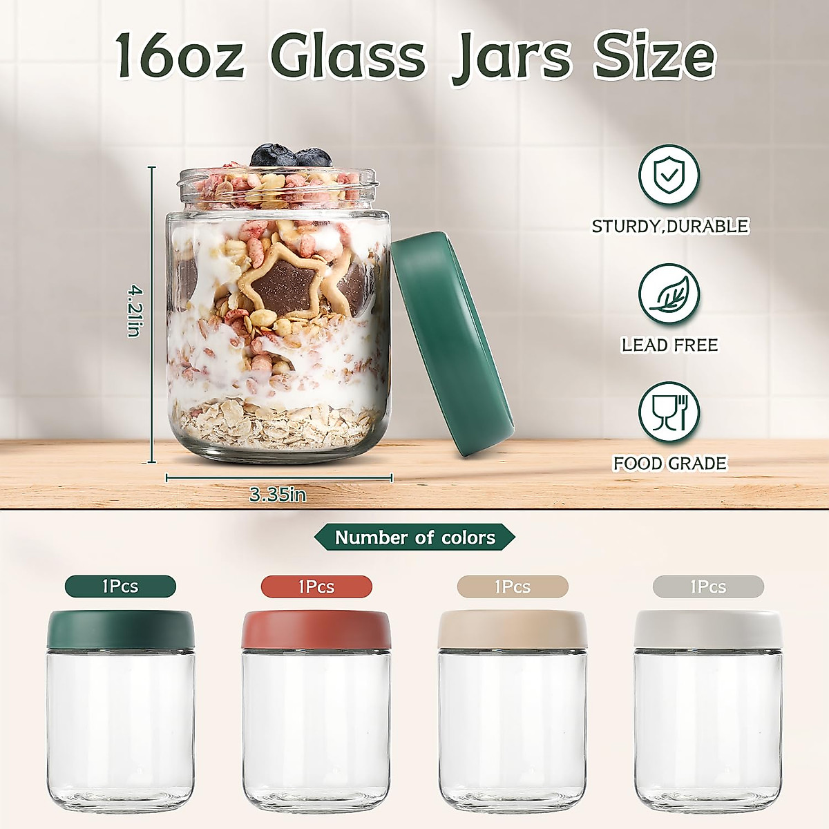 DIMBRAH Overnight Oats Containers with Lids, Mason Jars 16oz with Lids - Set Of 4, Practical Oatmeal Container to Go, Chia Seed Pudding Jars, with Spoon and Marker