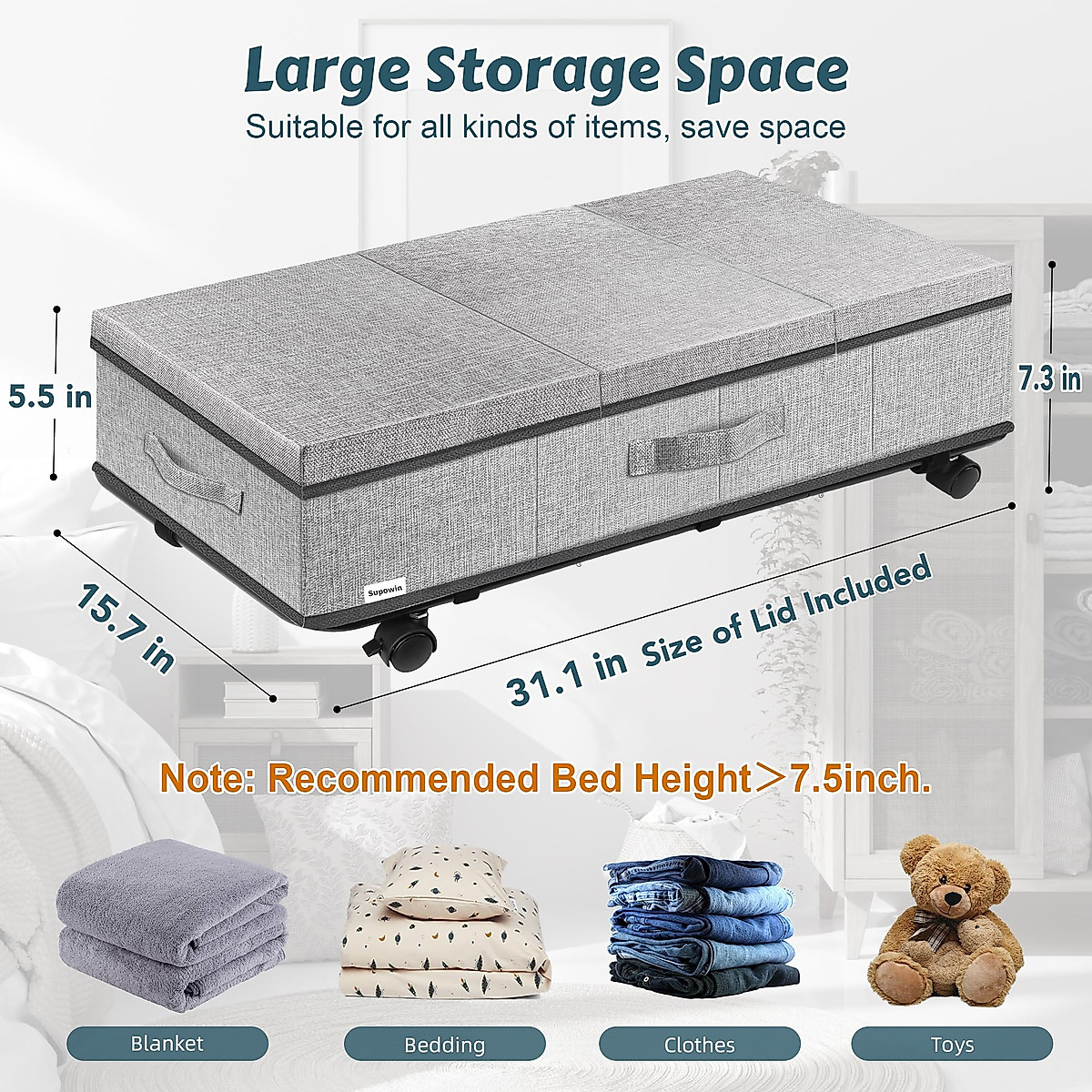 Supowin Under Bed Storage with Wheels, Rolling Underbed Storage Containers with Lids, Under Bed Shoe Storage Bins Organizer with Reinforced Metal Bottom Support and Three Handles, 2 Pack Grey