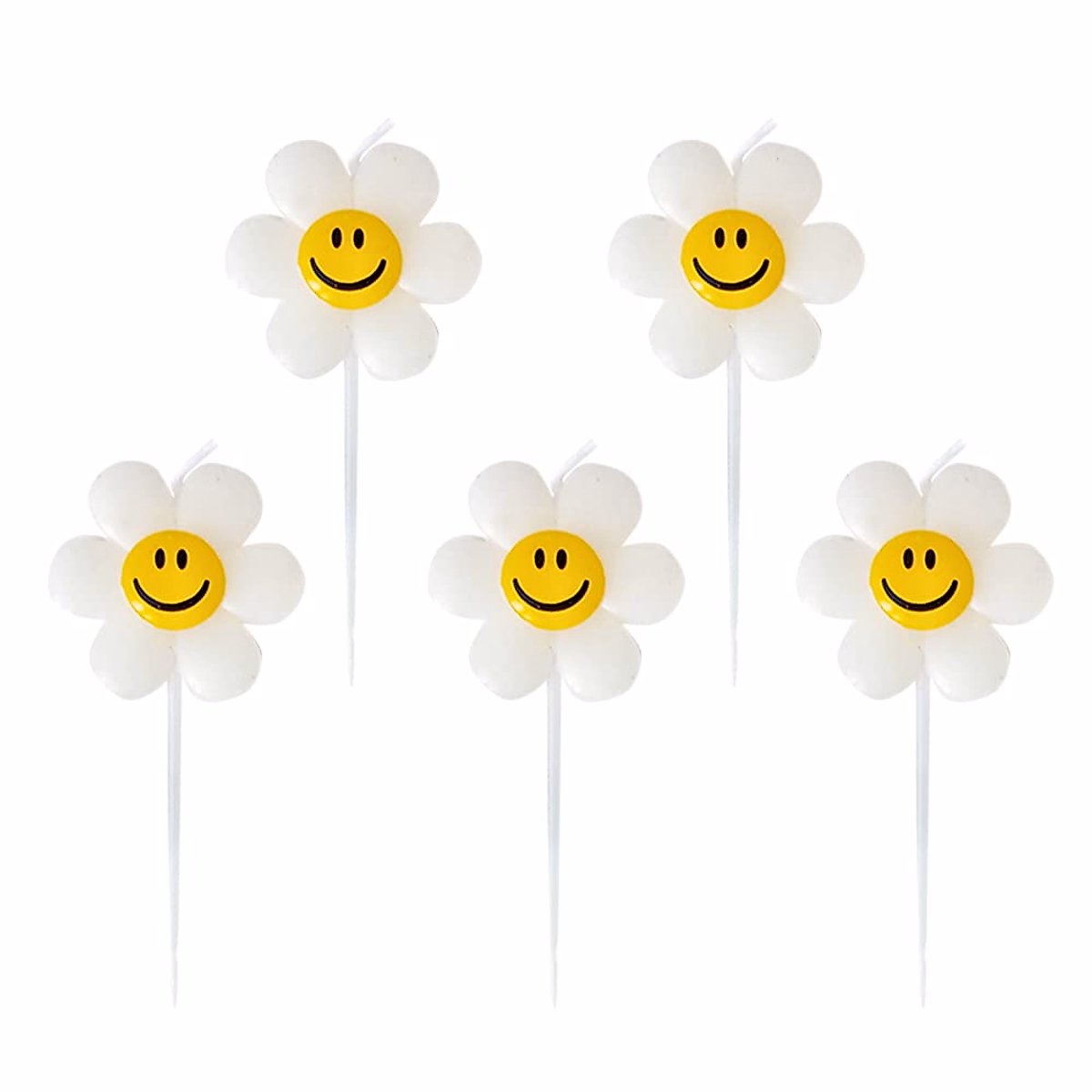 5 PCS White Flower Shaped with Smiling Face Birthday Candles, Daisy Candles Cake Decorations Cake Cupcake Toppers