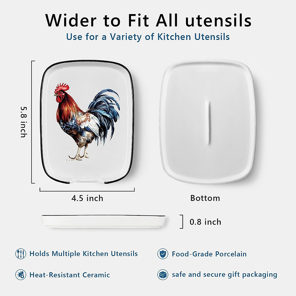 Funny Cute Rooster Patten Ceramic Spoon Rest for Kitchen Stove Top Counter, Large Spoon Holder for Kitchen Counter-Heat Resistant Cooking Utensil Rest Farmhouse Kitchen Décor (Do Not Use Dishwasher)