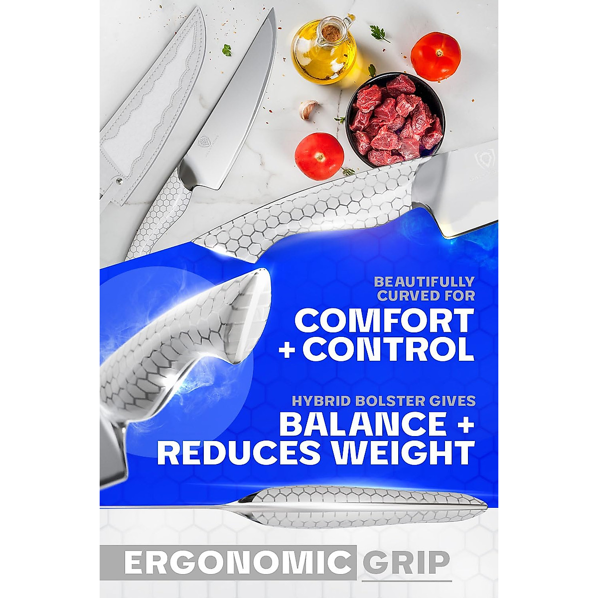 DALSTRONG Chef Knife - 8 inch - Frost Fire Series - High-Chromium 10CR15MOV Stainless Steel - Sand Blasted Frosted Finish Kitchen Knife - White Honeycomb Handle - Sheath - Chef's Knife - NSF Certified