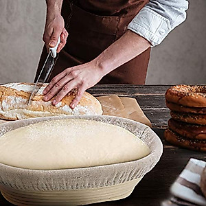 2 Pack 10 Inch Oval Bread Proofing Basket for Sourdough Bread - Bread Basket Baking Bowl With Bread Lame & 5 Blades,Dough Scraper and Linen Liner Cloth Banneton Proofing Basket for Home Bakers