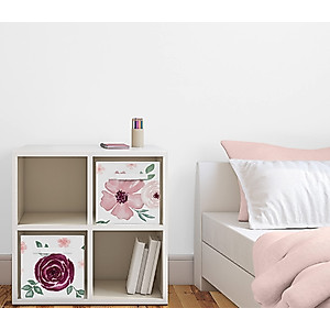 Sweet Jojo Designs Burgundy Watercolor Floral Foldable Fabric Storage Cube Bins Boxes Organizer Toys Kids Baby Childrens - Set of 2 - Blush Pink Maroon Wine Rose Green Shabby Chic Flower Farmhouse
