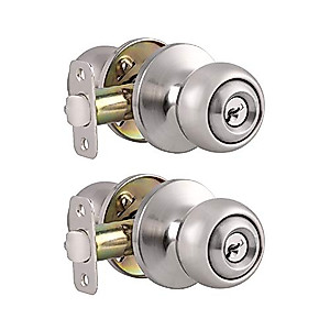 Probrico (2 Pack Keyed Alike Locks for Exterior and Interior Doors, Brushed Nickel Stainless Steel Entrance Door Knobs Round Ball Keyed Entry Door Knobs with Same Keys for Bedroom Bathroom
