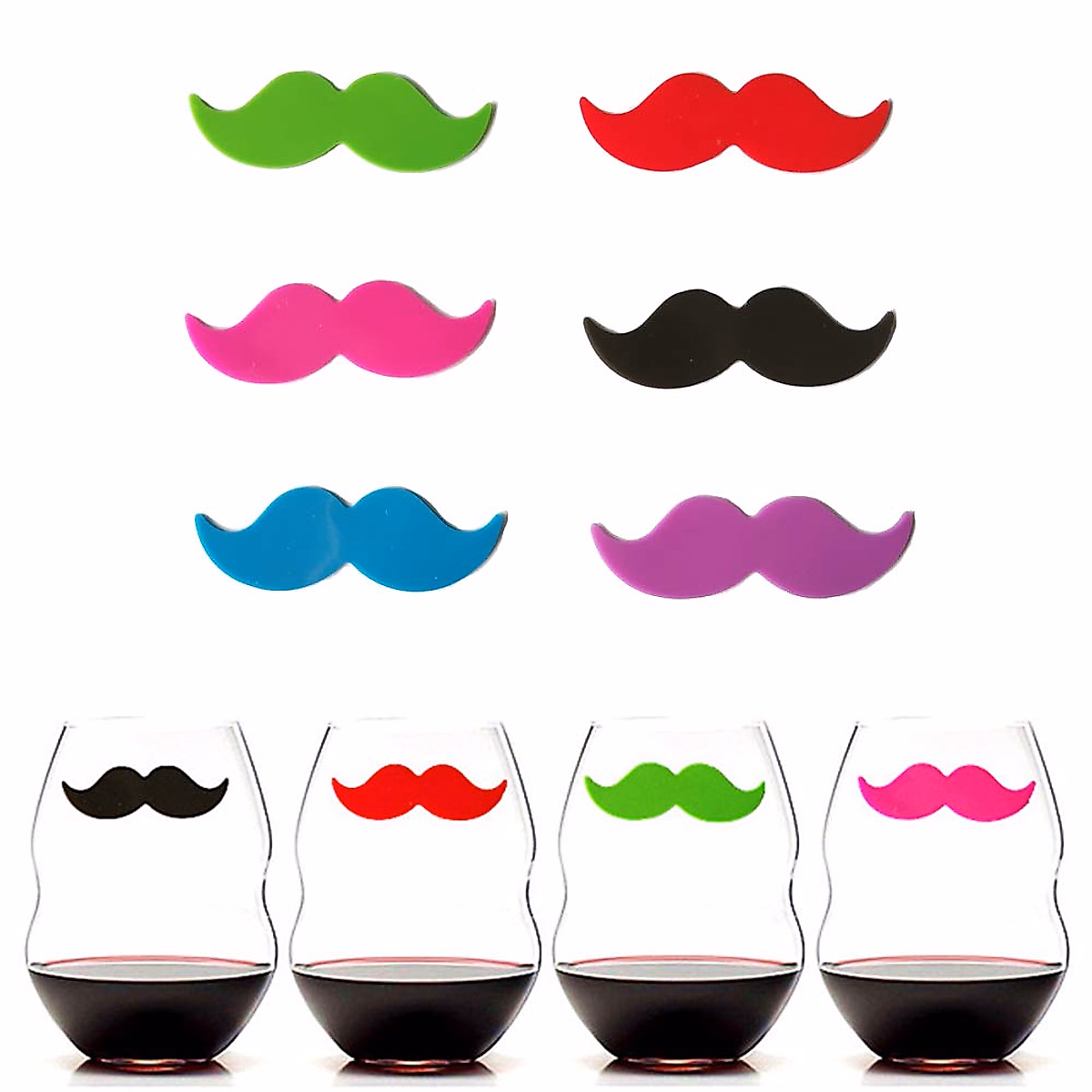 Cocktail/Wine Glass Markers Silicone Drink Markers Wine Charms with Beard Shape for Party Glass Identifiers (6 Count)