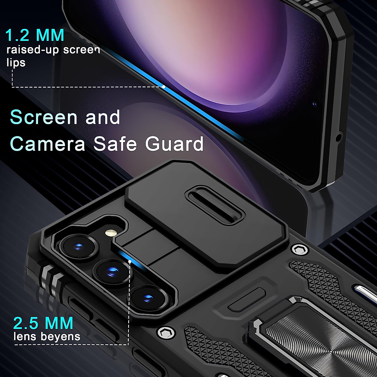 DEERLAMN Case for Samsung Galaxy S23 with Slide Camera Cover+Screen Protector(2 Packs), Rotated Ring Kickstand Military Grade Shockproof Protective Cover-Black