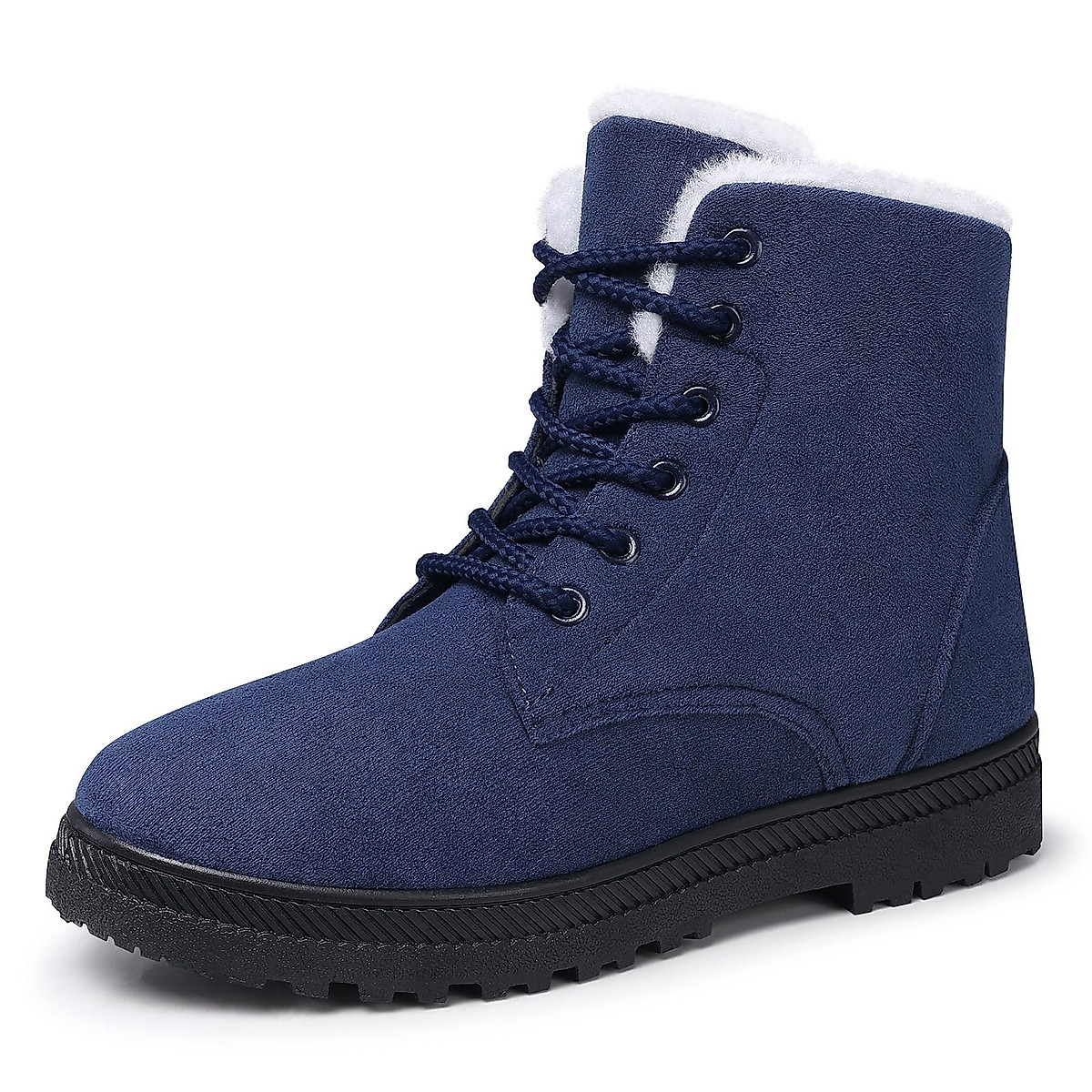 SHIBEVER Winter Snow Boots for Women: Dark Blue Warm Fur Lined Ankle Boots Comfortable Suede Lace Up Booties Cute Flat Shoes Size 10