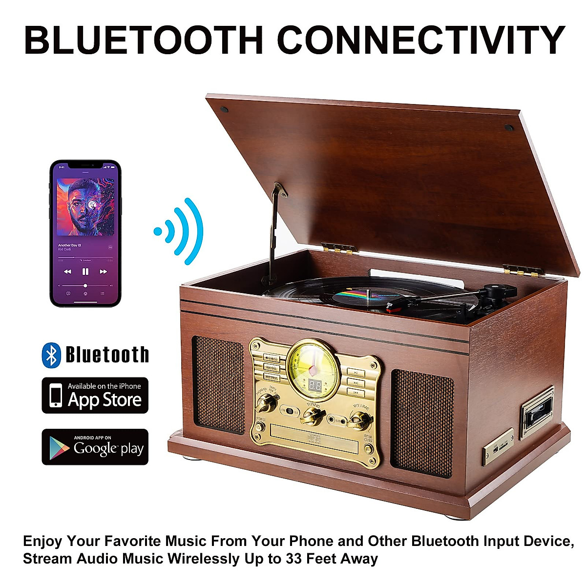 3-Speed Bluetooth Turntable with Stereo Speakers, CD/Cassette Player, FM Radio and Wireless Music Streaming - Mahogany