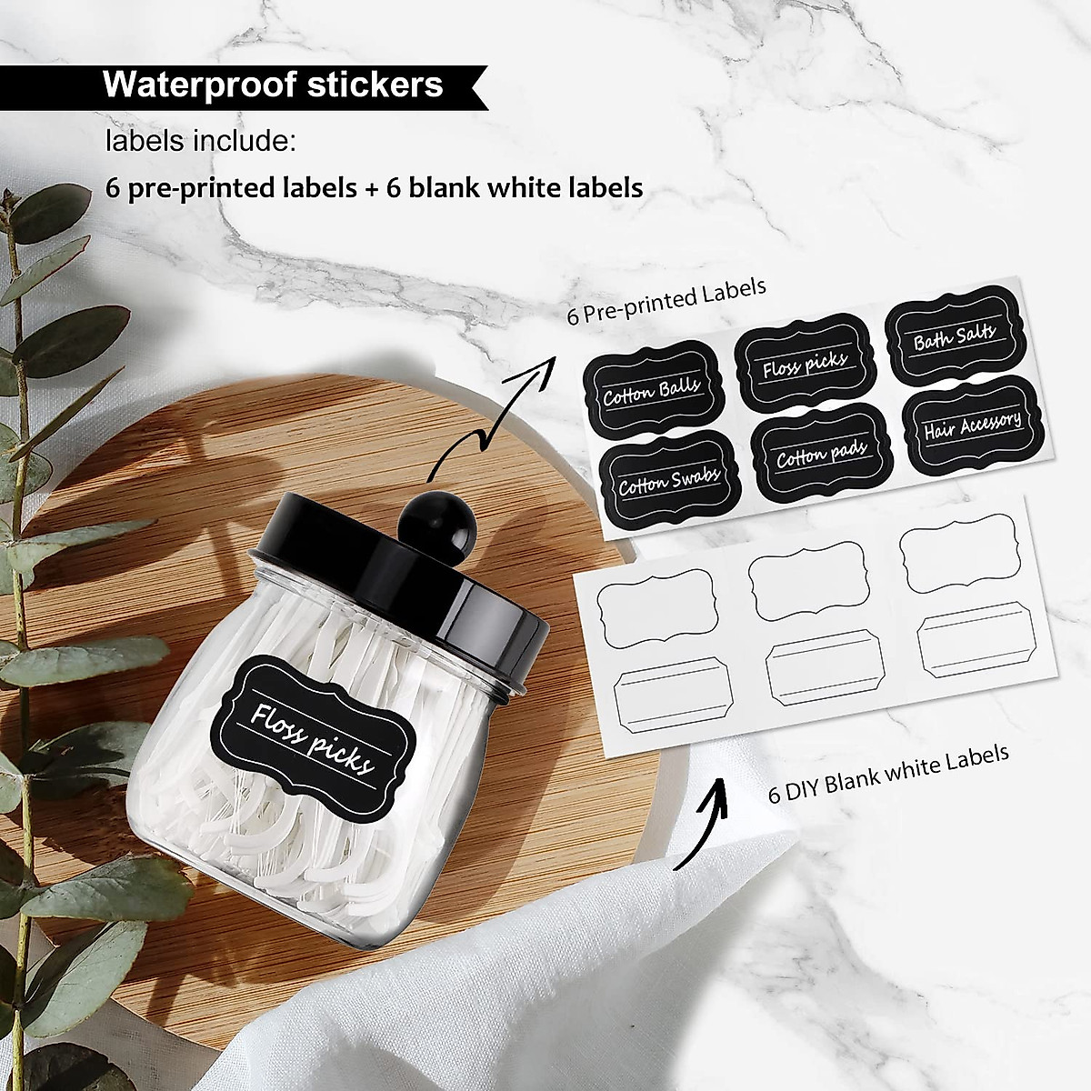 SheeChung 3 Pack Qtip Holder Bathroom Jar Set, Apothecary Mason Jar for Bathroom Vanity Home Storage Organizer, Qtip Dispenser for Cotton Swabs, Floss Picks, Farmhouse/Home Decor (Black)