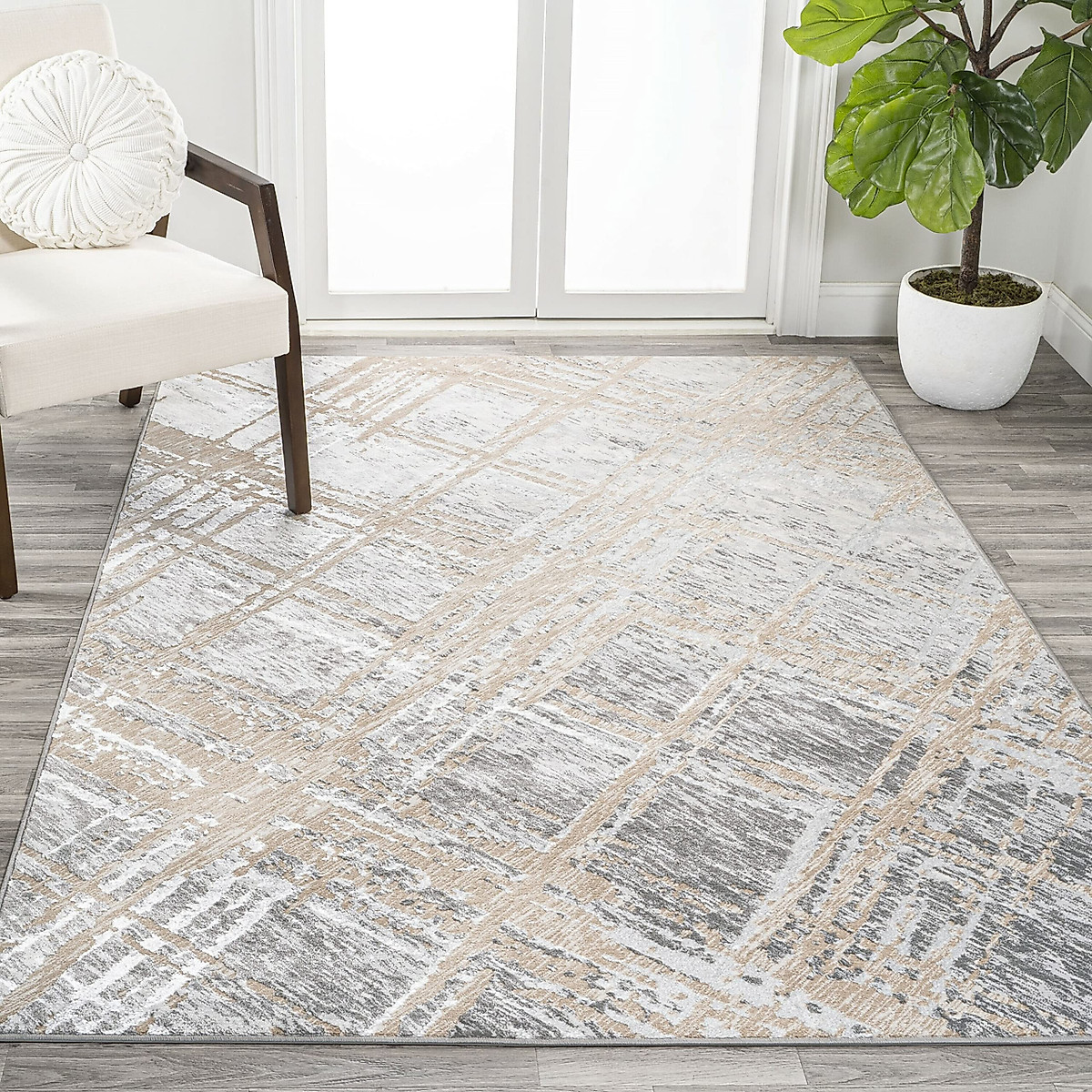 JONATHAN Y SOR201C-3 Slant Modern Abstract Indoor Area Rug, Transitional, Contemporary, Solid & Striped, Bedroom, Kitchen, Living Room, Easy-Cleaning, Non-Shedding, 3 X 5, Beige/Gray