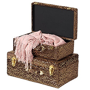 Vintiquewise Decorative Tufted Velvet Suitcase Treasure Chest Set of 2, Brown