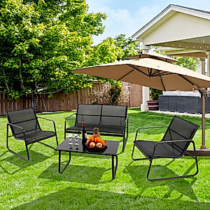 PAIQIAN 4 Pieces Patio Furniture Set Outdoor Patio Conversation Sets Poolside Lawn Chairs with Glass Coffee Table Porch Furniture for Courtyard, Garden and Balcony (Black)