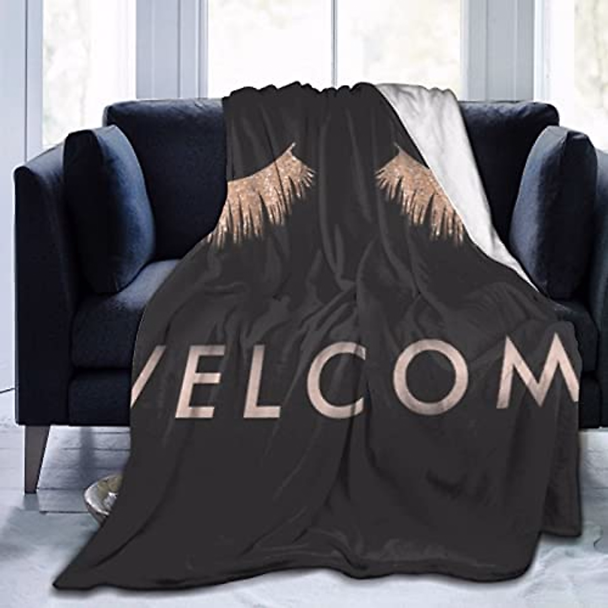 Super Soft Warm Cozy Throw Blanket Lightweight Flannel Wearable Blanket for Bed Couch Sofa Chair Home Decor, Stylish Black Rose Gold Eyelashes Welcome, 50"x40"