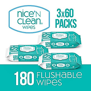 Nice 'N Clean Adult Flushable Wipes (3 x 60 Count) | Personal Cleansing Wipes Made from Plant-Based Fibers | Infused with Aloe & Vitamin E