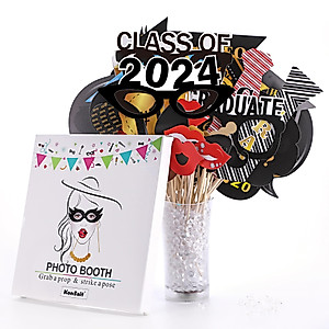 Graduation Photo Booth Props (50Count), Konsait Large Graduation Photo Props Class of 2024 Grad Decor with Sticks for Kids Boy Girl, Black and Gold, for Graduation Party Favors Supplies Decorations