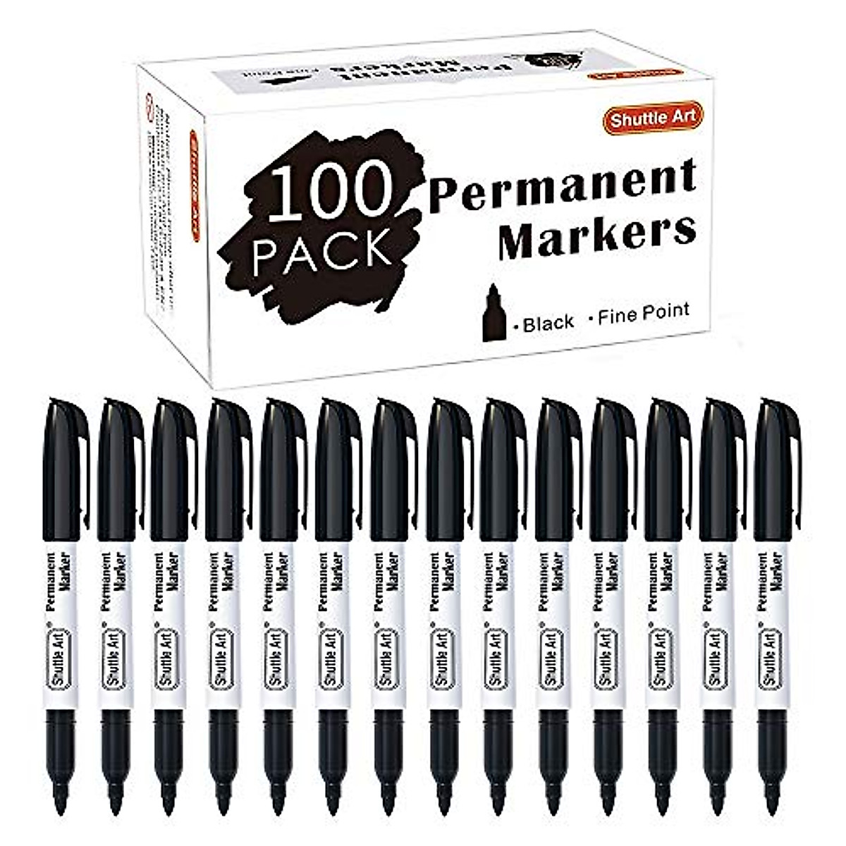 Permanent Markers,Shuttle Art 100 Pack Black Permanent Marker set,Fine Point, Works on Plastic,Wood,Stone,Metal and Glass for Doodling, Marking