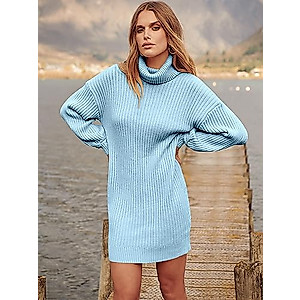 ANRABESS Women Oversized Sweater Dress Turtleneck Batwing Long Sleeve Ribbed Knit Loose 2024 Fall Winter Casual Short Dress A240danlan-M Light Blue