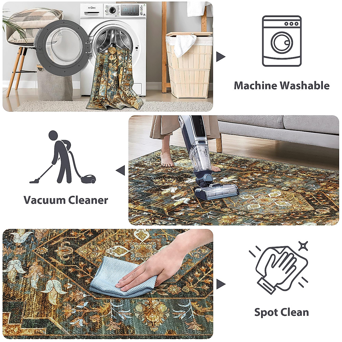 NICETOWN 5x8 Vintage Area Rug - Thin Washable Boho Non-Slip Entryway Rug Oriental Medallion Living Room Rug Entrance Mat Carpet for Kitchen Laundry Bathroom Bedroom, Green