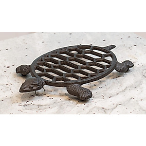 gasaré, Cast Iron Trivet for Pots, Pans, and Hot Dishes, Metal Trivet, Sea Turtle Design, Rubber Feet Caps, Ring Hanger, 11.5 x 8 Inches, Brown, 1 Unit
