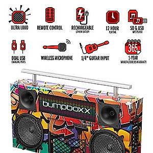 Bumpboxx Bluetooth Boombox Freestyle V3s NYC Graffiti | Old School Wireless Boombox with Bluetooth Speaker | Includes Rechargeable Battery for 12 Hours of Music, Remote & Wireless Microphone
