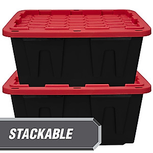 HErtL 27 Gallon Snap Lid Plastic Storage Bin Container, Black with Red Lid