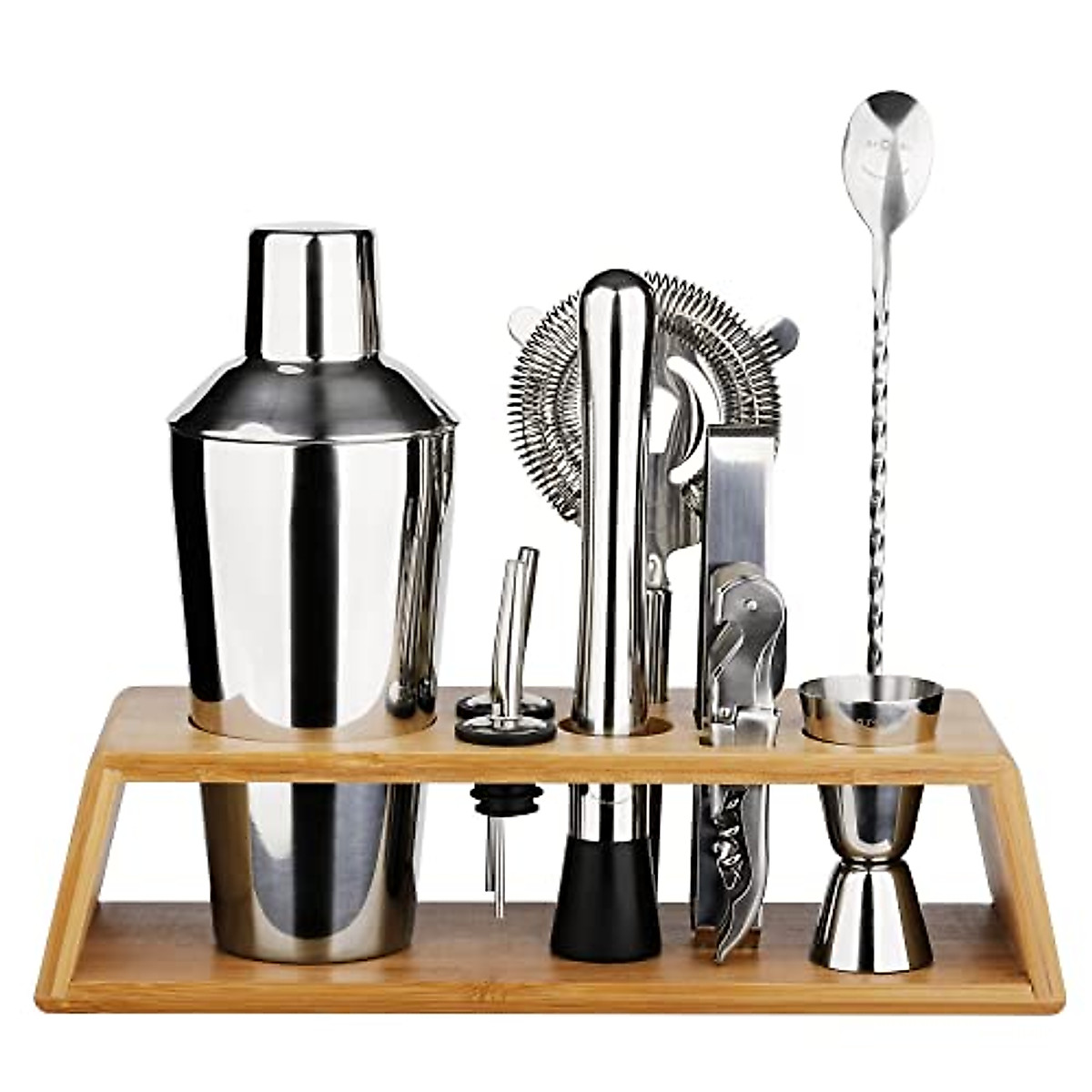 Arora 10Pcs Bartender Kit Bar Set, 24OZ Silver Cocktail Shaker Set with Stainless Steel Bartending Accessories for Home & Bamboo Stand, Ideal Drinking Mixers Gift Set for Martini Margarita