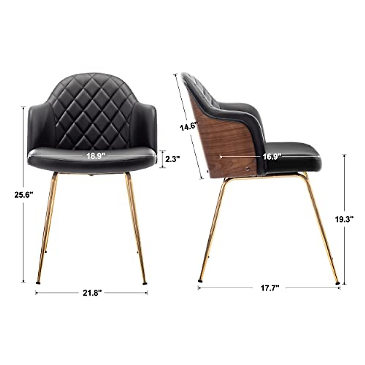 WUPOTO Dining Chairs Set of 2, Modern Upholstered Kitchen & Dining Room Chairs with Golden Metal Legs, Faux Leather Upholstery, Curved Back (Black1)