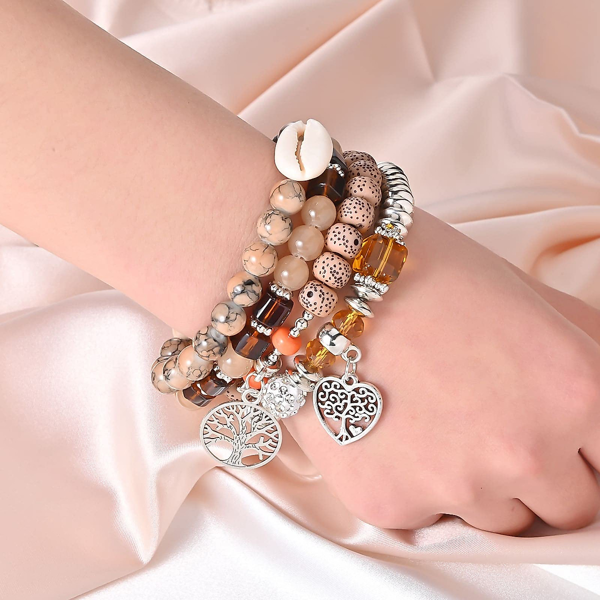 Bohemian Bracelet Sets for Women - 6 Sets Stackable Stretch Bracelets Multi-color Boho Jewelry for Women Hippie Bracelets Dainty Jewelry Best Friend Gift (Tree of Life Bead Bracelets)