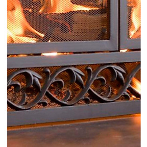 Plow & Hearth Metal Fireplace Screen Scrollwork Black | 38" W x 31½"H | 2 Door | Spark Guard Grate | Fire Place Cover | Wood Burning Stove Accessories