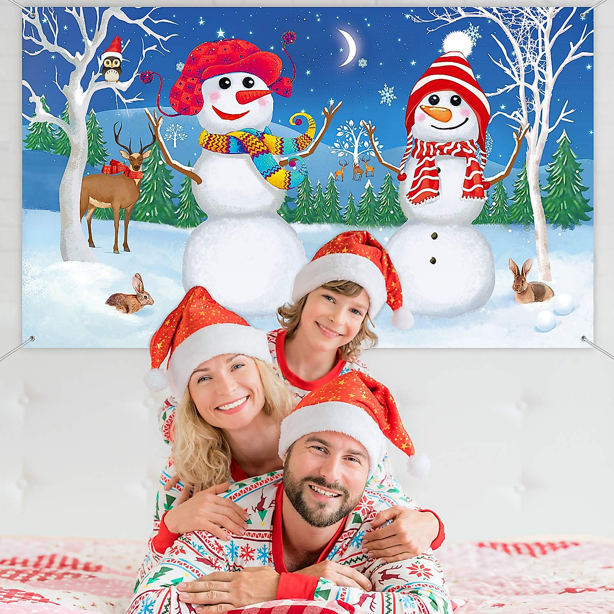Blulu Christmas Backdrop Banner Winter Snowman Background for Photography Xmas Snow Scene Happy New Year Eve Backdrop Banner Prop for Family Friend Party Wall Holiday Decoration 72.8 x 43.3 Inches