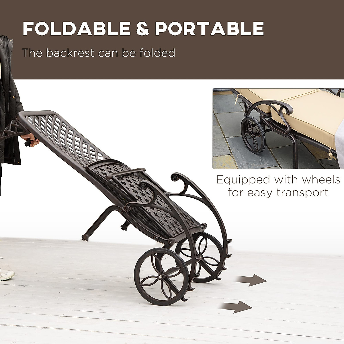 Outsunny Aluminum Adjustable Chaise Lounge Chair, Folding 4-Position Patio Recliner, Wheels, Armrests, Side Table, Cushion for Poolside, Backyard, Deck, Porch Garden, Beige