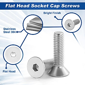 1/4-20 x 1/2" Flat Head Socket Cap Screws Countersunk Bolts, 304 Stainless Steel 18-8, Bright Finish, 25 PCS