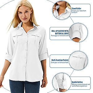 Women's UPF 50 Long Sleeve UV Sun Protection Safari Shirts Outdoor Quick Dry Fishing Travel Hiking Shirts #5070-White-XS