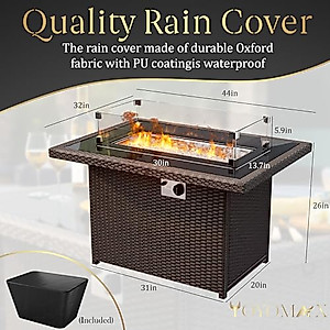 Yoyomax 44-Inch Black Glass Top Firepit Table 60,000 BTU Flame, Hand Weave Rattan, Aluminum Frame, Wind Guard, Waterproof Cover & Fire Beads, Outdoor Fire Table for Patio, Garden, Resto Hotel