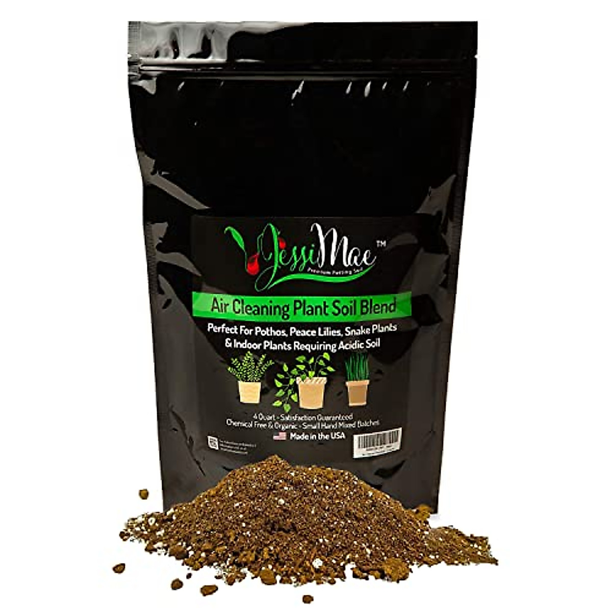 Jessi Mae - Air Cleaning Plant Soil - Acidic Organic pH Balanced Potting Soil - for Peace Lily, Snake Plant, Pothos, Parlor Palm, and Other Indoor Plants - Well-Draining Potting Soil - 4 Quarts