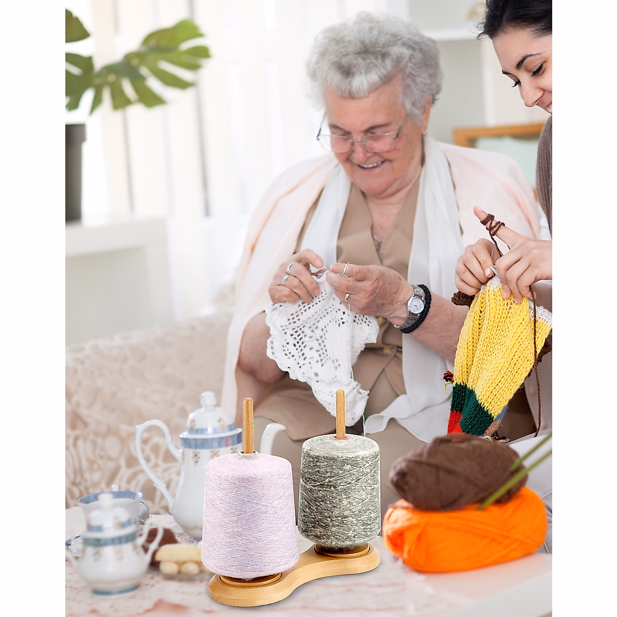 QWORK Weighted Double Yarn Ball Holder - Advanced Metal Twirling Mechanism - Knitting Crochet Spindle Dispenser for All Yarn Types