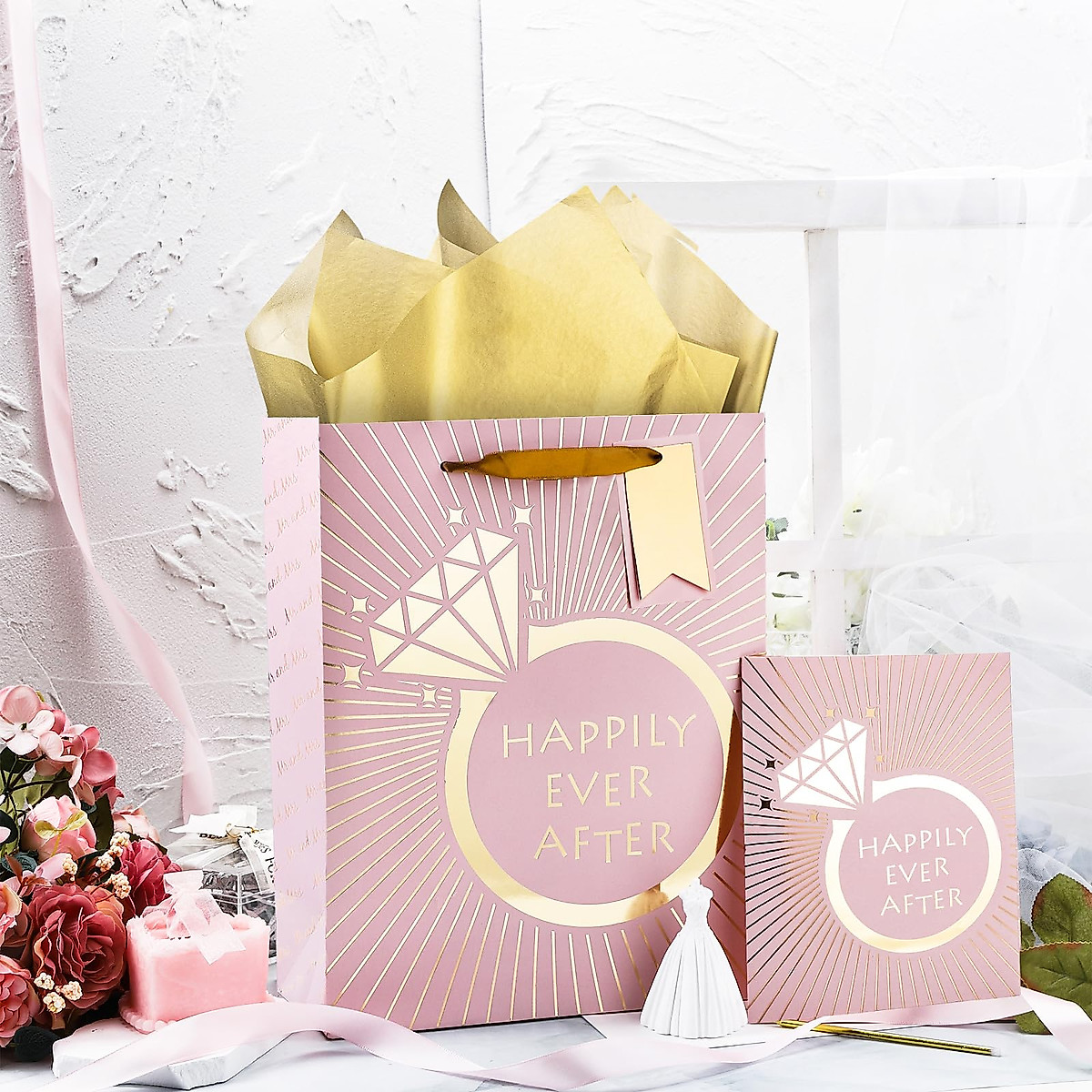 Loveinside Wedding Gift Bag with Tissue Paper, Gift Tag and Greeting Card for Wedding, Birthday, Party, and More - 10" x 5" x 13", 1 Pcs, Wedding Ring Pink