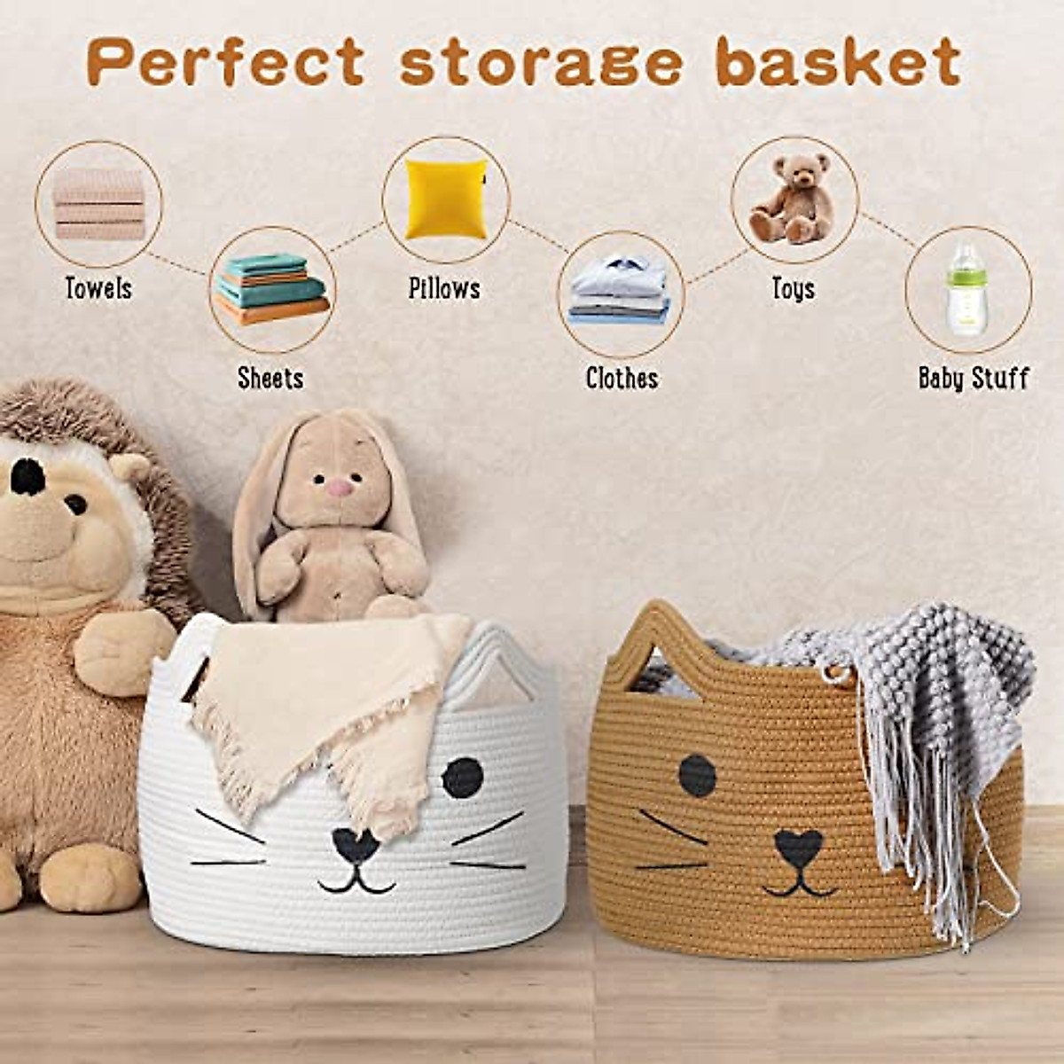 2 Pieces Large Cat Toy Basket Woven Cotton Rope Storage Basket Large Cute Cat Laundry Basket Organizer Animal Design Toy Storage Organizer Baby Hamper Cat Nursery Bins Boxes, White, Brown
