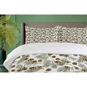 Lunarable Pinecone Duvet Cover Set, Scenery Illustration of Hand Painted Pine Tree Branches and Sepia Cone, Decorative 3 Piece Bedding Set with 2 Pillow Shams, King Size, Brown Green