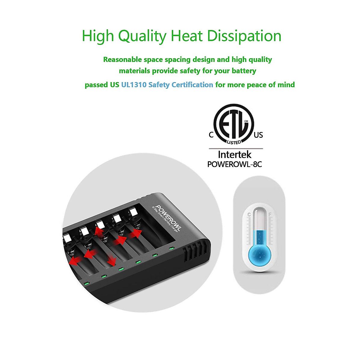 POWEROWL 8 Bay AA AAA Battery Charger, USB High-Speed Charging, Independent Slot, for Ni-MH Ni-CD Rechargeable Batteries, No Adapter